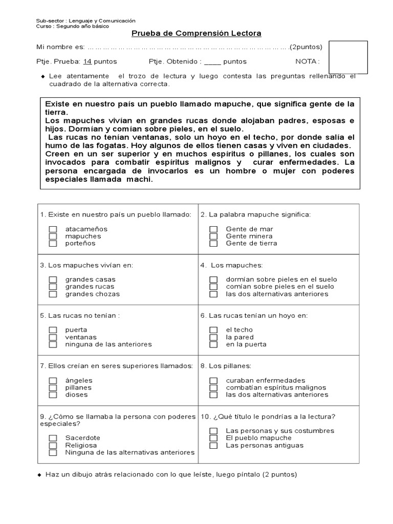 Prueba de Comprensión Lectora Mapuche | PDF | Religión y espiritualidad