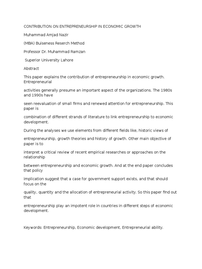 Contribution on Entrepreneurship in Economic Growth | Entrepreneurship ...