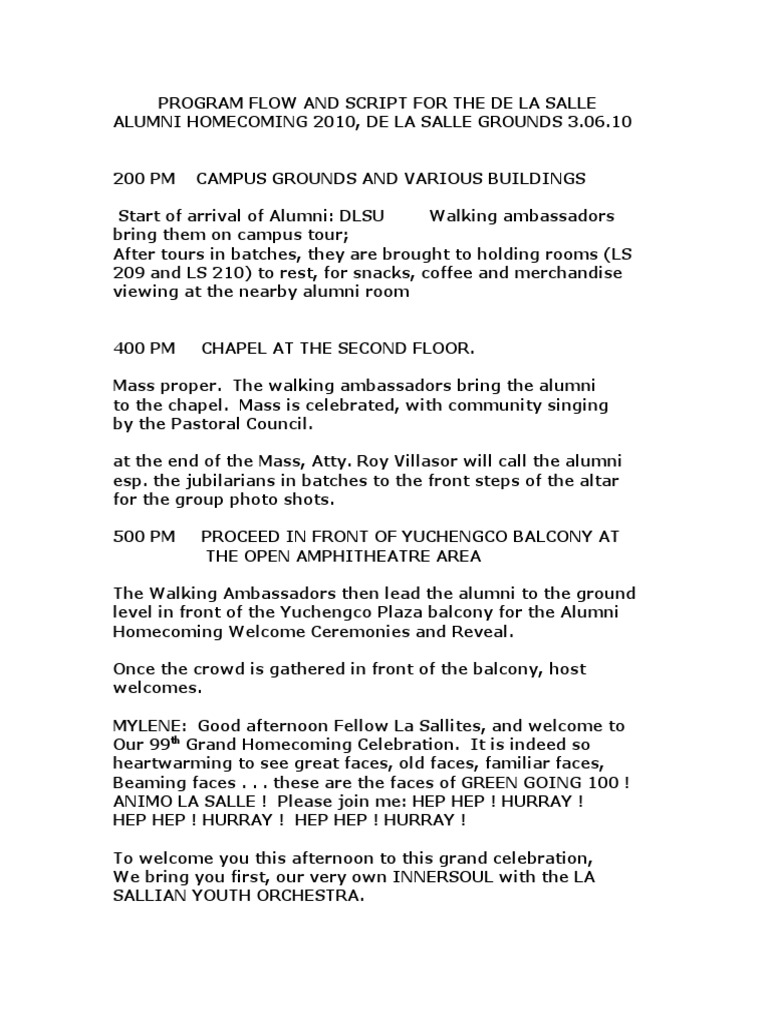 Program Flow and Script For The de La Salle Alumni Homecoming 2010 ...