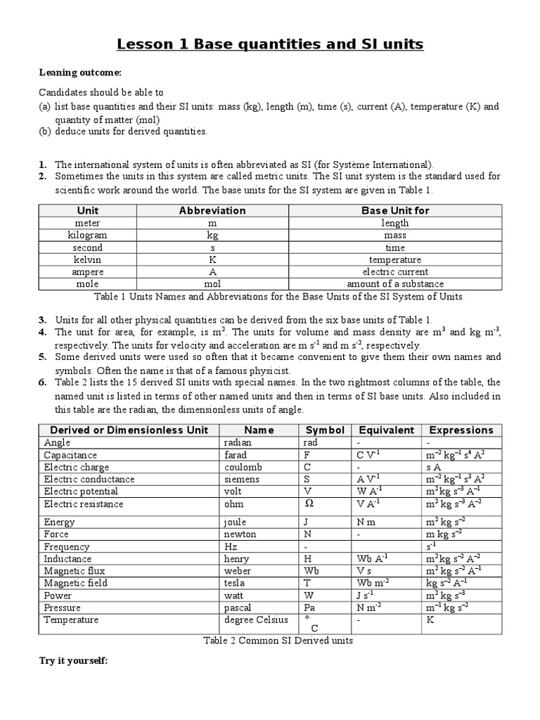 Base Quantities and SI Units Overview | PDF | International System Of ...