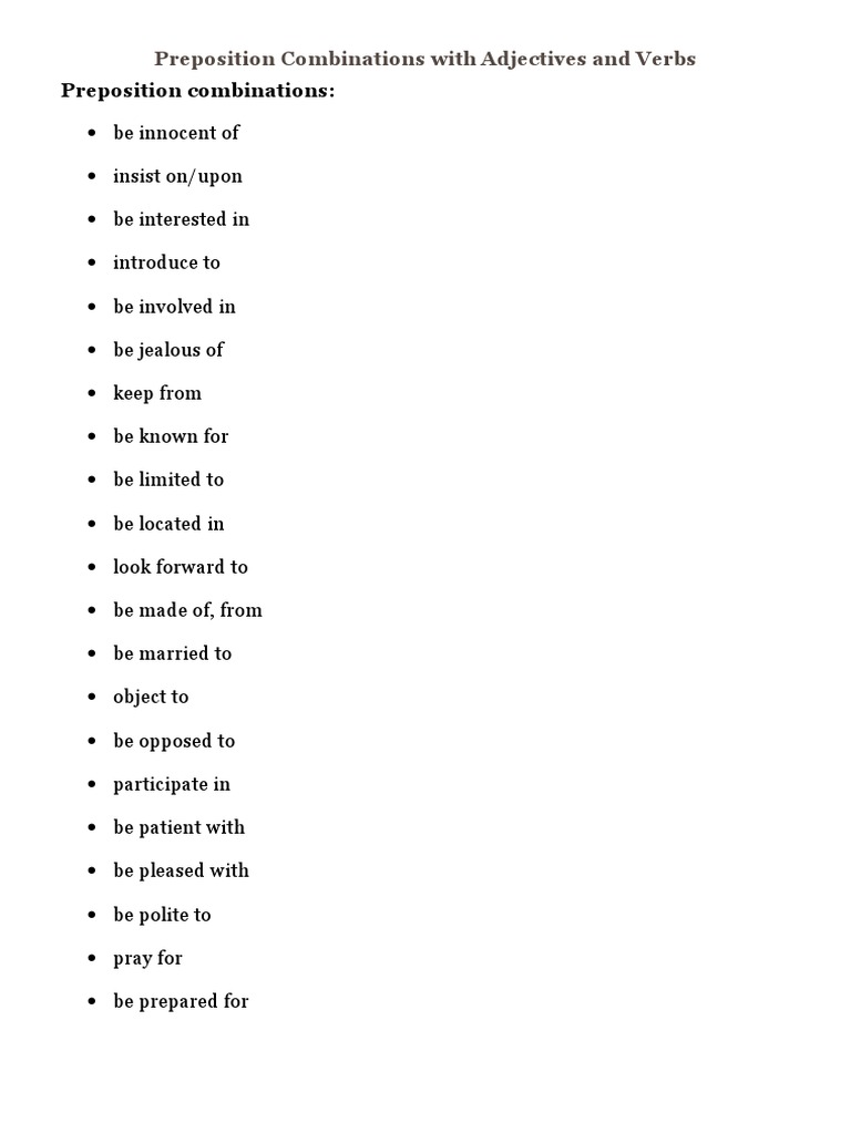 Preposition Combinations With Adjectives and Verbs | PDF | Preposition ...
