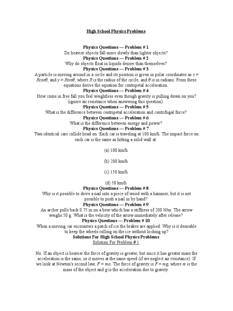 High School Physics Problem Solutions | PDF | Force | Acceleration