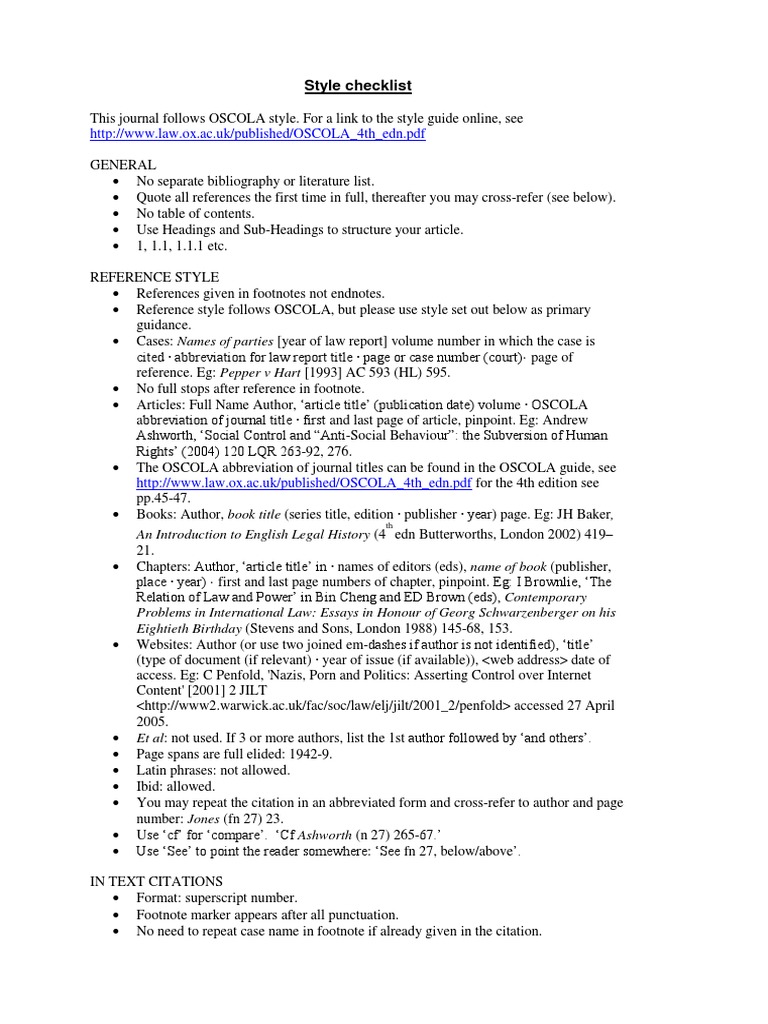 Oxford Style Checklist | PDF | Note (Typography) | Citation