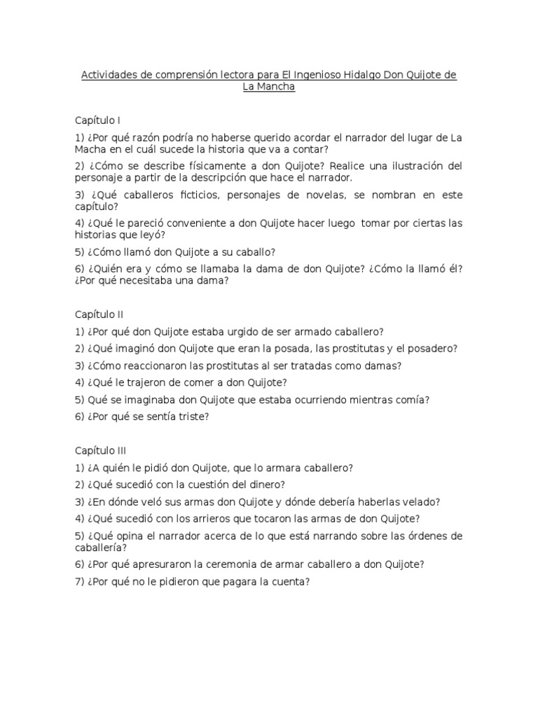 Actividades de Comprensión Lectora para El Ingenioso Hidalgo Don ...