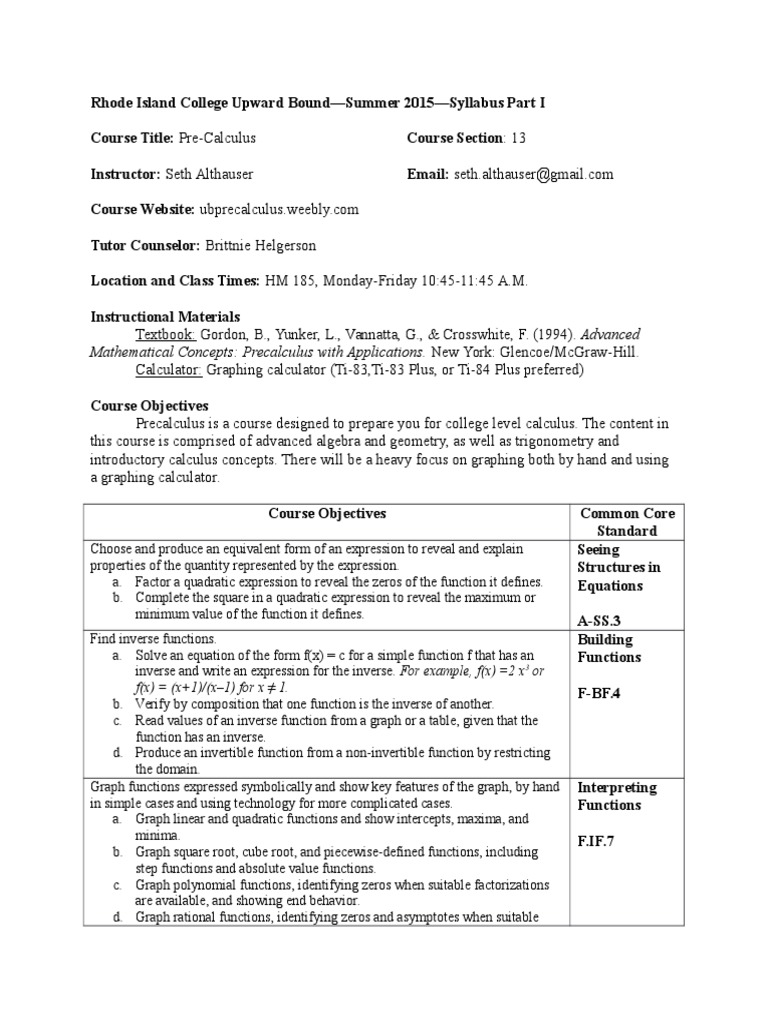 Precalculus Syllabus | PDF | Trigonometric Functions | Mathematical ...