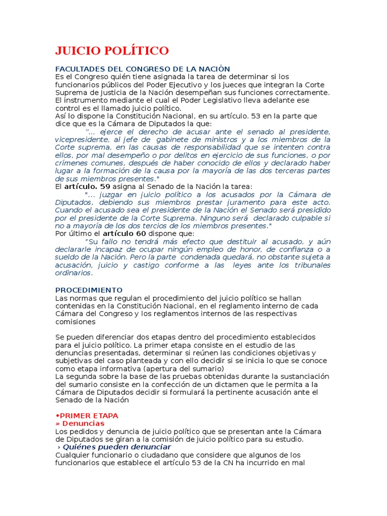 Juicio Político en Argentina: Proceso y Facultades | PDF | Gobierno ...