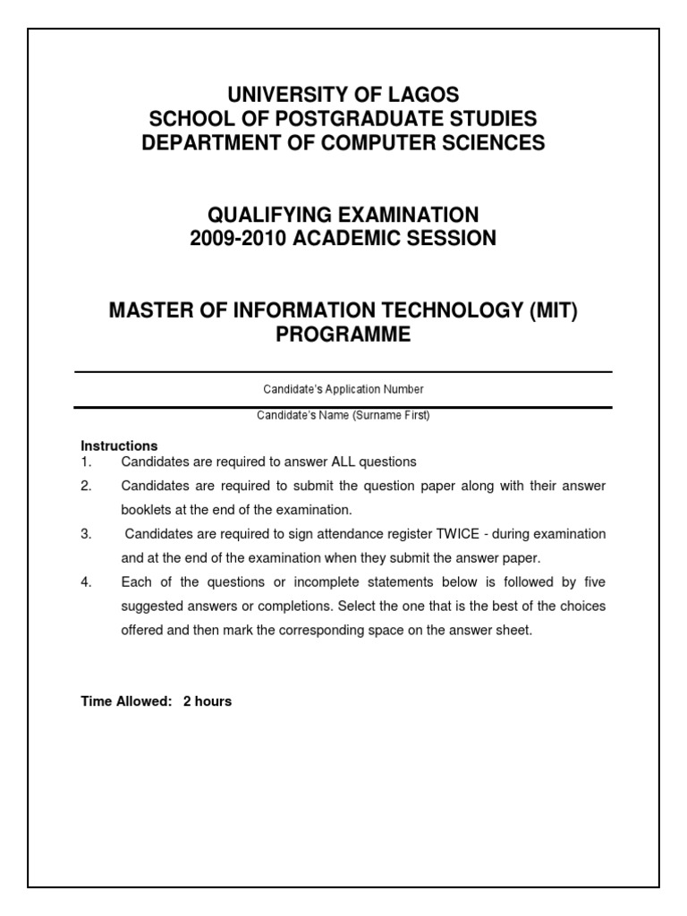Unilag MIT Sample | PDF | Test (Assessment) | Science