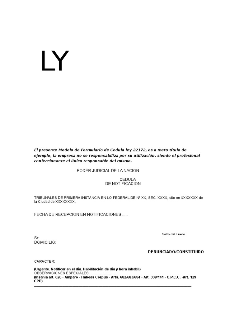 Modelo de Formulario de Cedula Ley 22172 | PDF | Gobierno | Justicia Modelo de Formulario de Cedula Ley 22172 | PDF | Gobierno | Justicia
