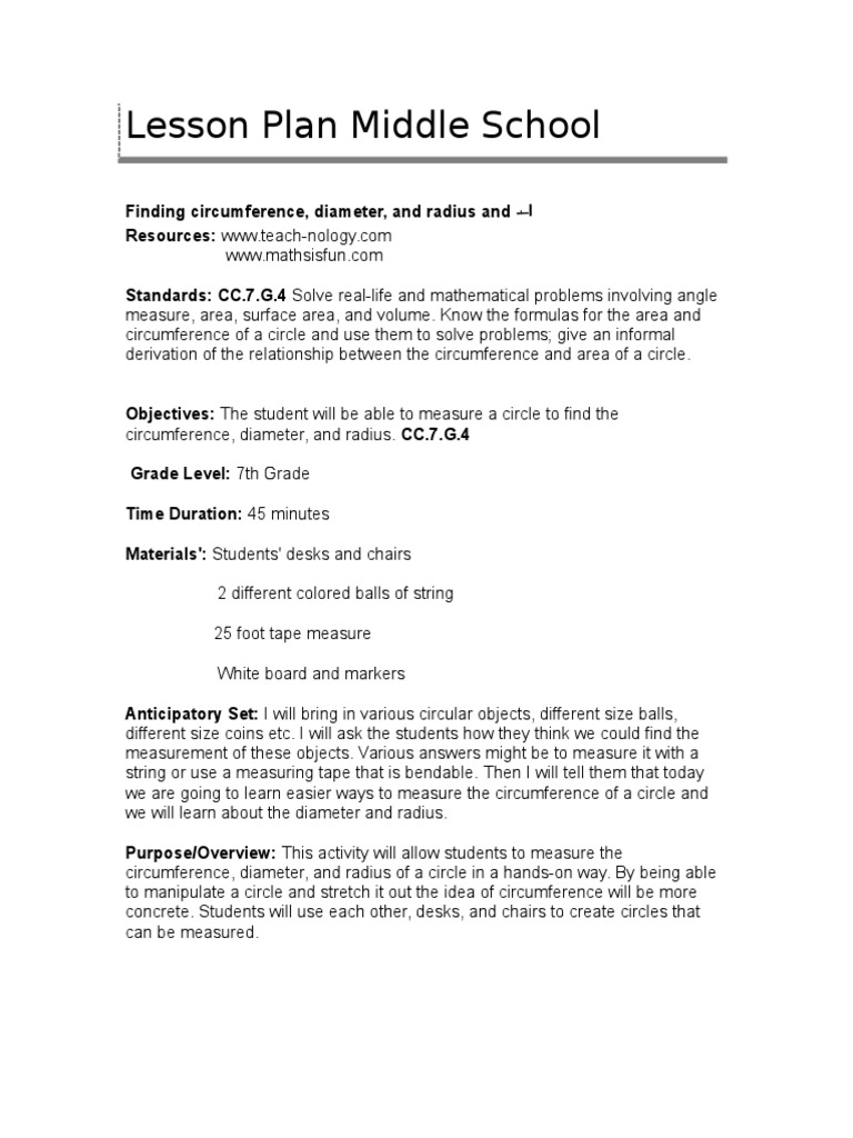 Lesson Plan Middle School | PDF | Circle | Lesson Plan