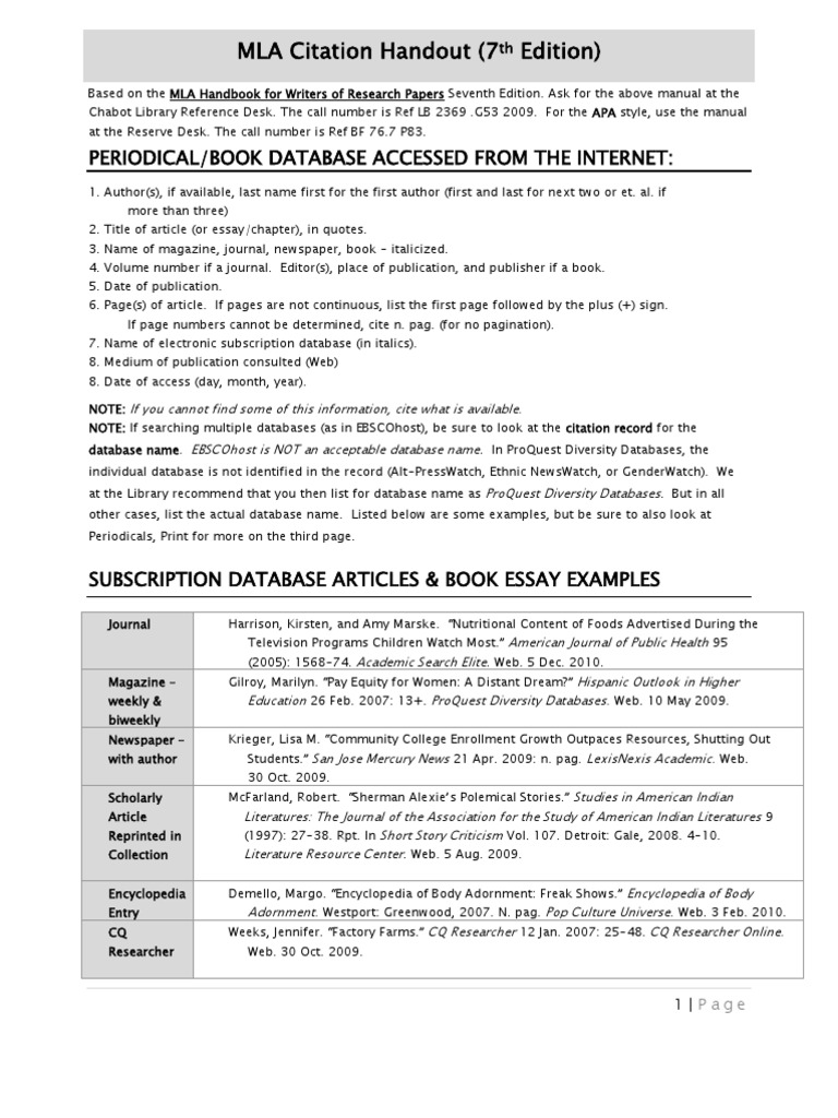 MLA Citation Handout (7th Edition) | PDF | Citation | Websites
