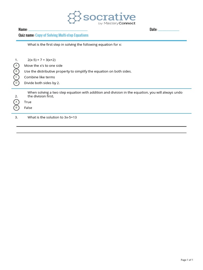 Quiz Copyofsolvingmultistepequations | PDF