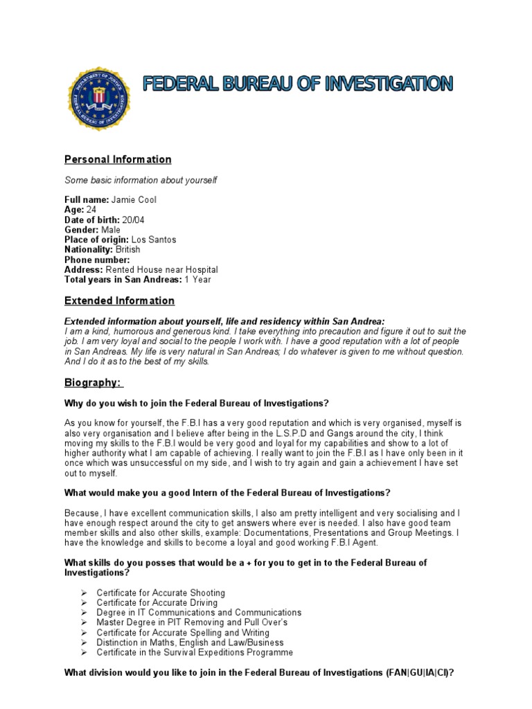 FBI Application | PDF | Federal Bureau Of Investigation | American ...