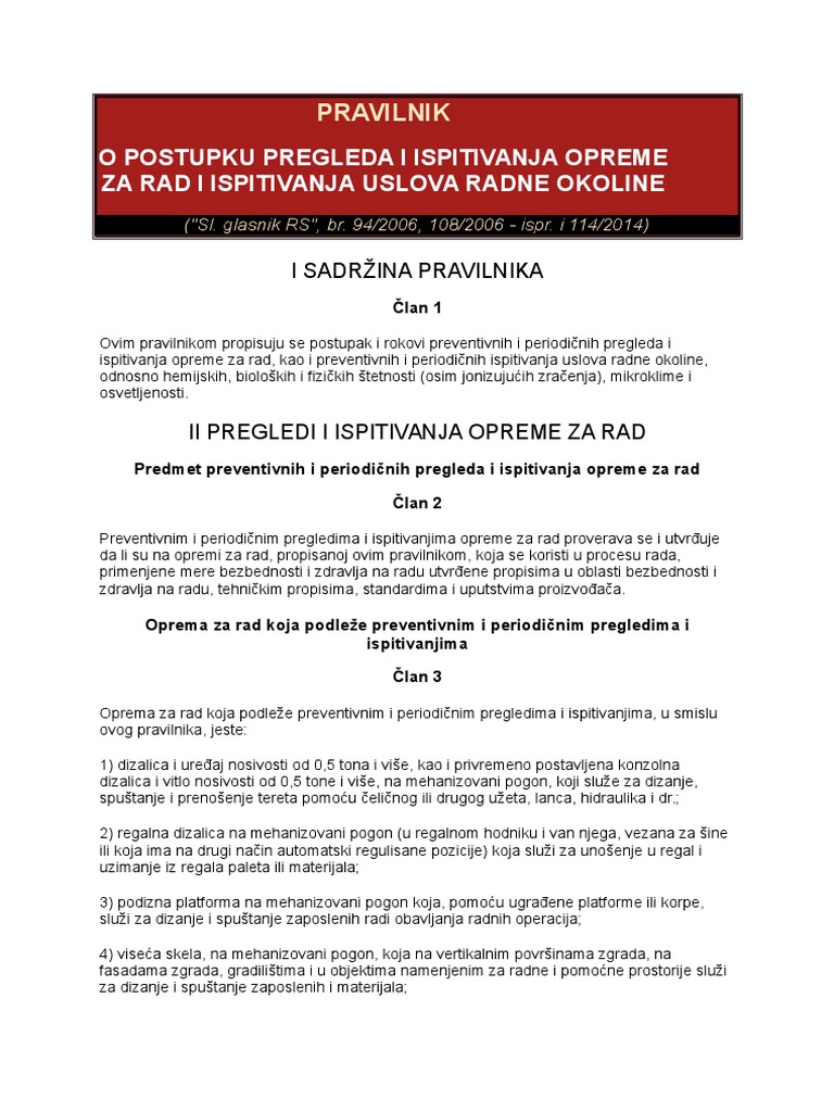 03 Pravilnik o Postupku Pregleda I Ispitivanja Opreme Za Rad I ...
