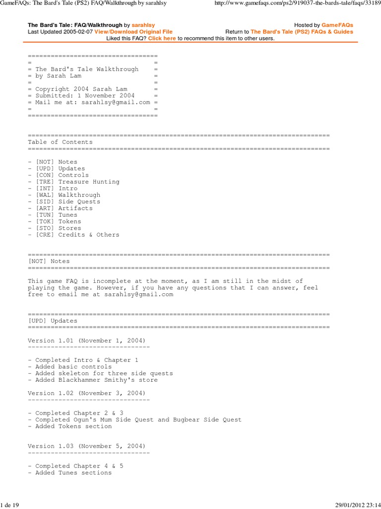 GameFAQs - The Bard's Tale (PS2) FAQ - Walkthrough by Sarahlsy | PDF ...