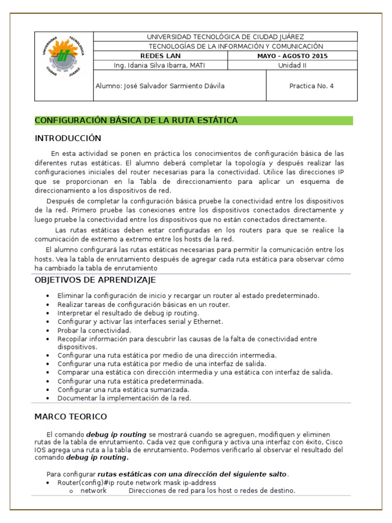 Configuración Básica de La Ruta Estática | PDF | Enrutador (Computación) | Dirección IP