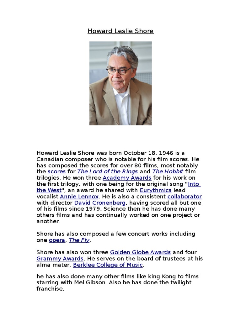 Howard Shore: Film Composer Biography | PDF | Entertainment (General)