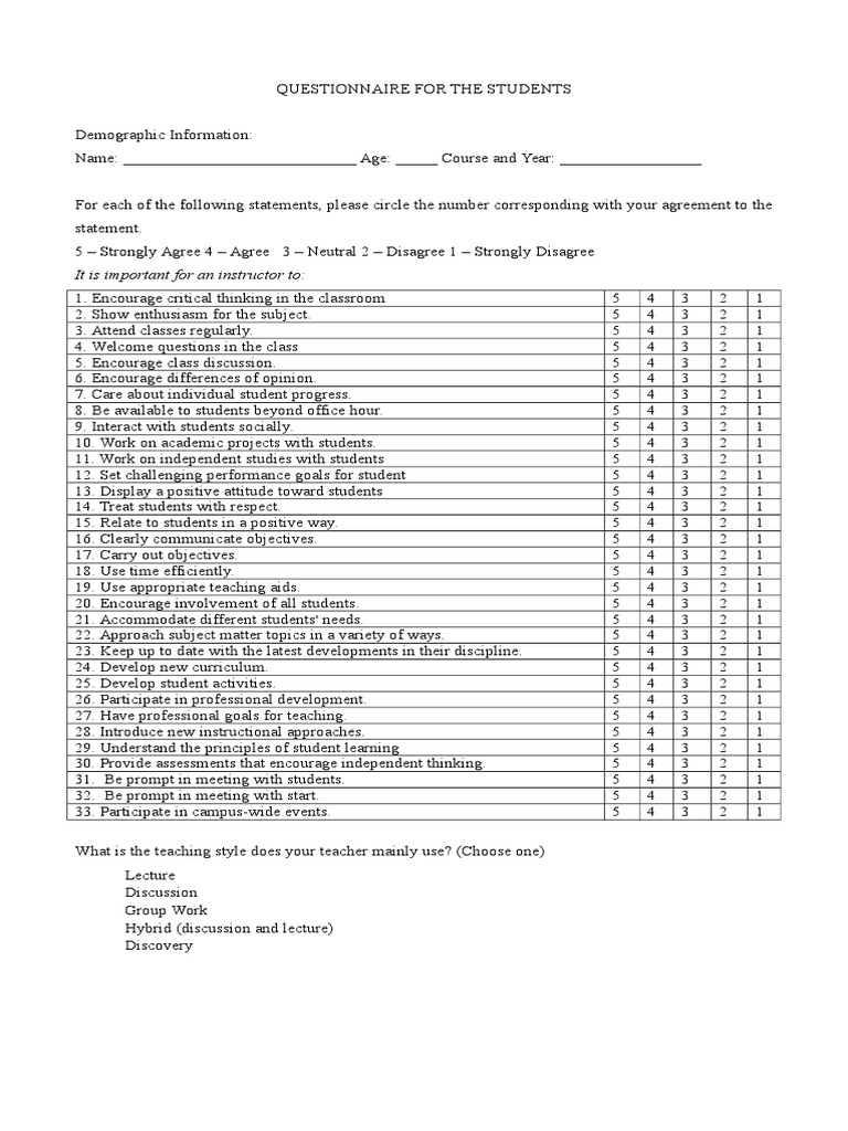 Assessing Effective Teaching: A Student Questionnaire on Instructor ...