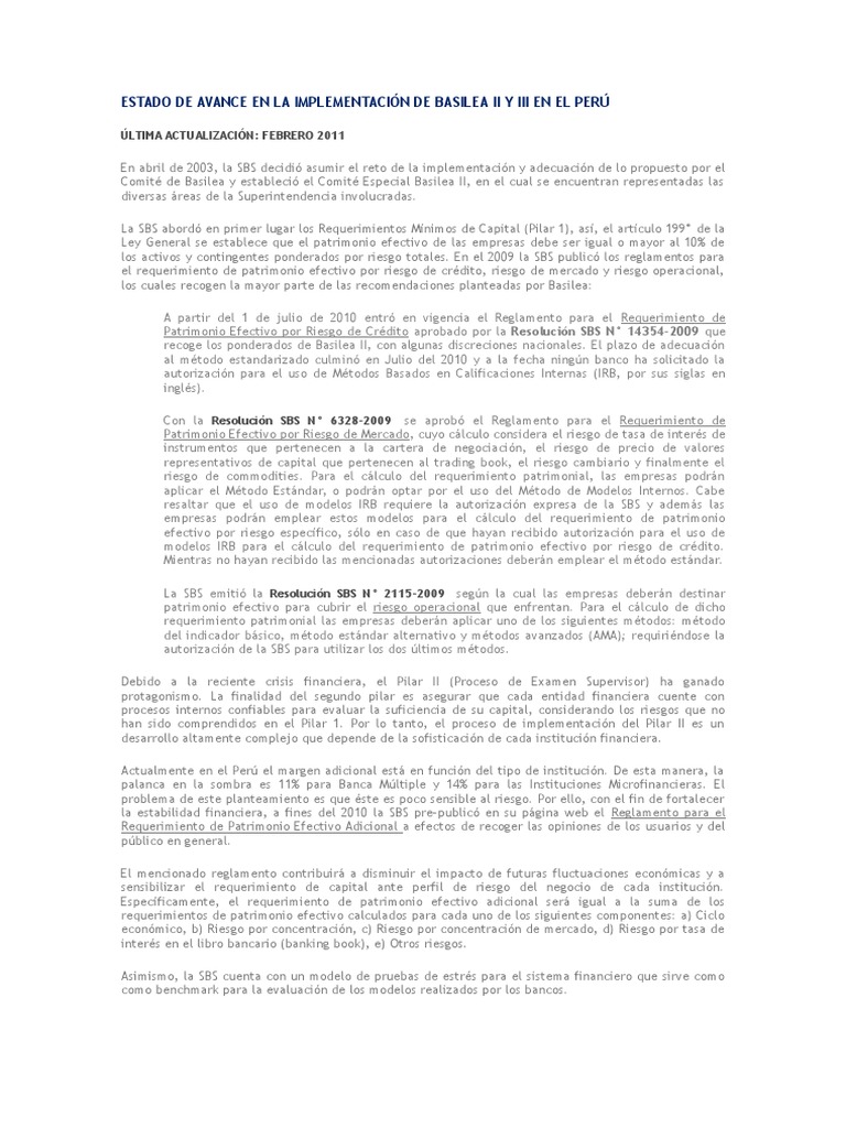 Estado de Avance en La Implementación de Basilea II y III en El Perú ...
