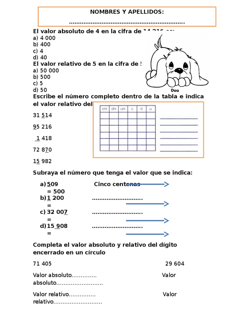 Hoja De Trabajo Sobre El Valor Posicional De Números Enteros