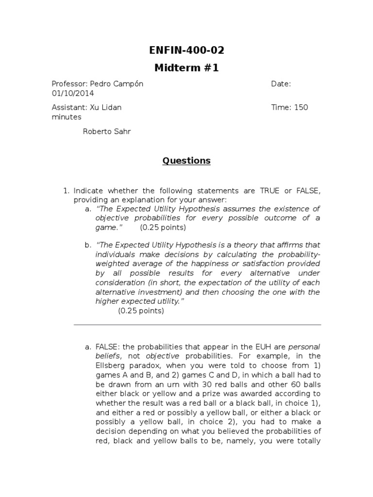 Exam 1 - Answers | PDF | Risk Aversion | Utility