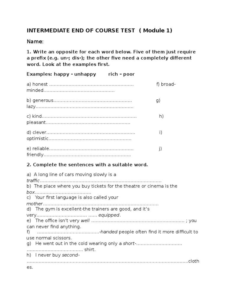 Intermediate End of Course Test | PDF | Ellipsis | Language Mechanics