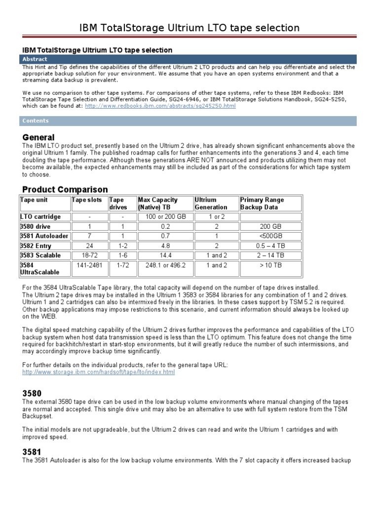 Ibm Total Storage Ultrium Lto Tape Selection | PDF | Backup | Data