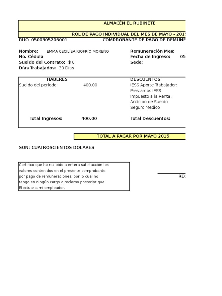 Formato Rol Individual de Pagos