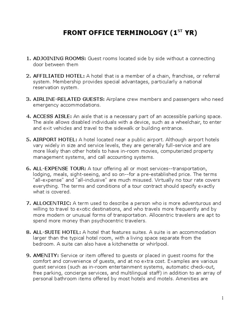 Hotel Front Office Common Terms Part 1 | PDF | Travel Agency | Hotel