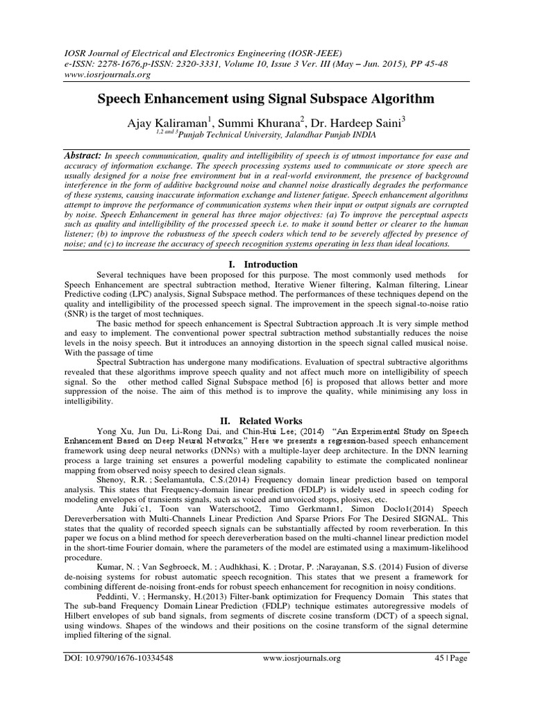 Speech Enhancement Using Signal Subspace Algorithm Pdf Data Compression Eigenvalues And