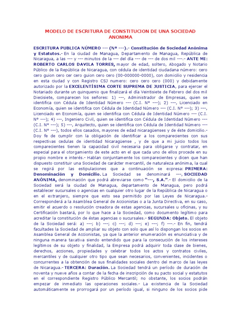 Modelo de Escritura de Constitucion de Una Sociedad Anonima | Liquidación | Tecnología | Prueba ...
