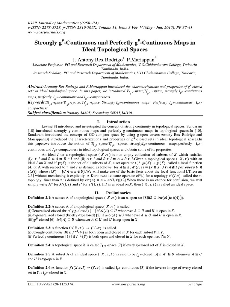 Strongly G# - Continuous and Perfectly G# - Continuous Maps in Ideal Topological Spaces | PDF ...