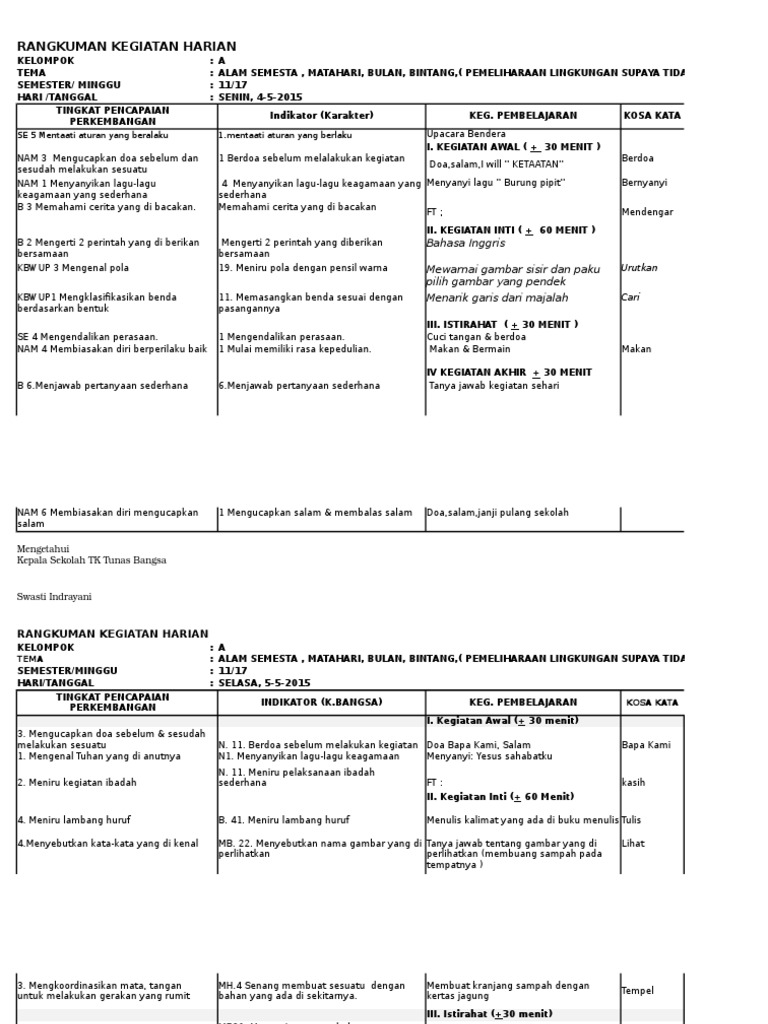 Contoh RKH TK Kelas A | PDF