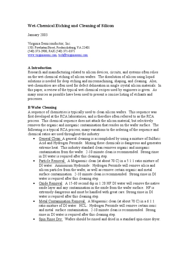 Wet-Chemical Etching and Cleaning of Silicon | PDF ...