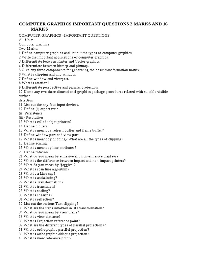 Cs2401 Computer Graphiccs Question Bank With Answers | PDF | Computer Graphics | Printer (Computing)