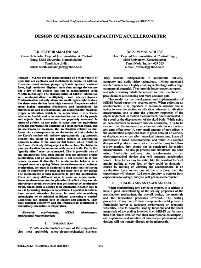 Design of Mems Based Capacitive Accelerometer | PDF | Accelerometer | Physics