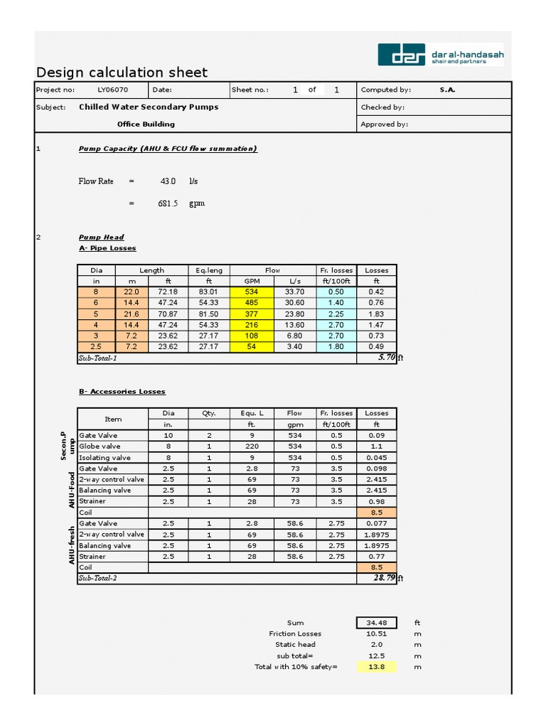 Design Calculation Sheet: Chilled Water Secondary Pumps | PDF ...