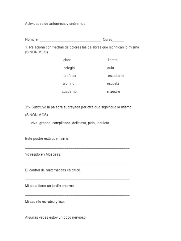 Actividades de Antónimos y Sinonimos | PDF