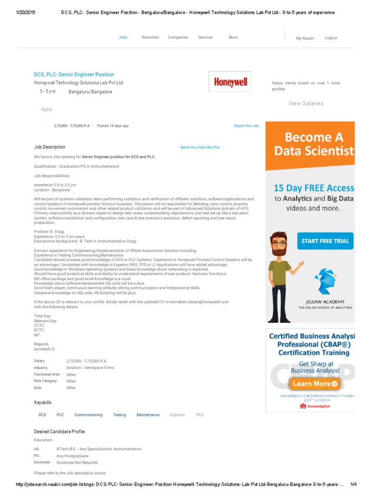 DCS, PLC - Senior Engineer Position - Bengaluru - Bangalore - Honeywell ...