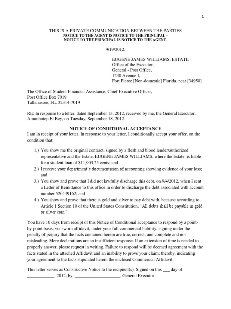 Notice of Conditional Acceptance 2 | PDF | Affidavit | Debt