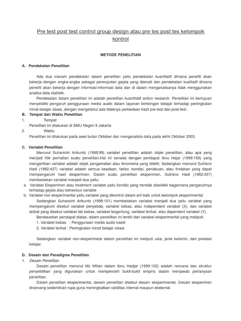 Pre Test Post Test Control Group Design Atau Pre Tes Post Tes Kelompok ...