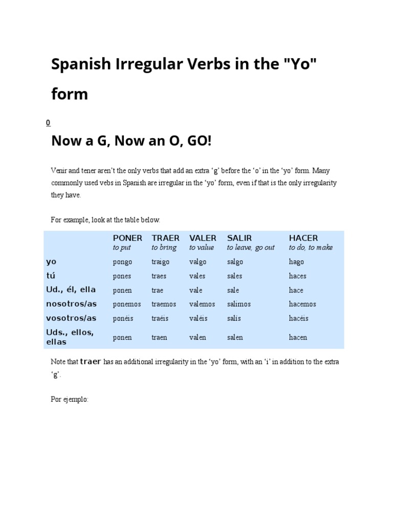 Spanish Irregular Yo Form Verbs | PDF | Language Arts & Discipline