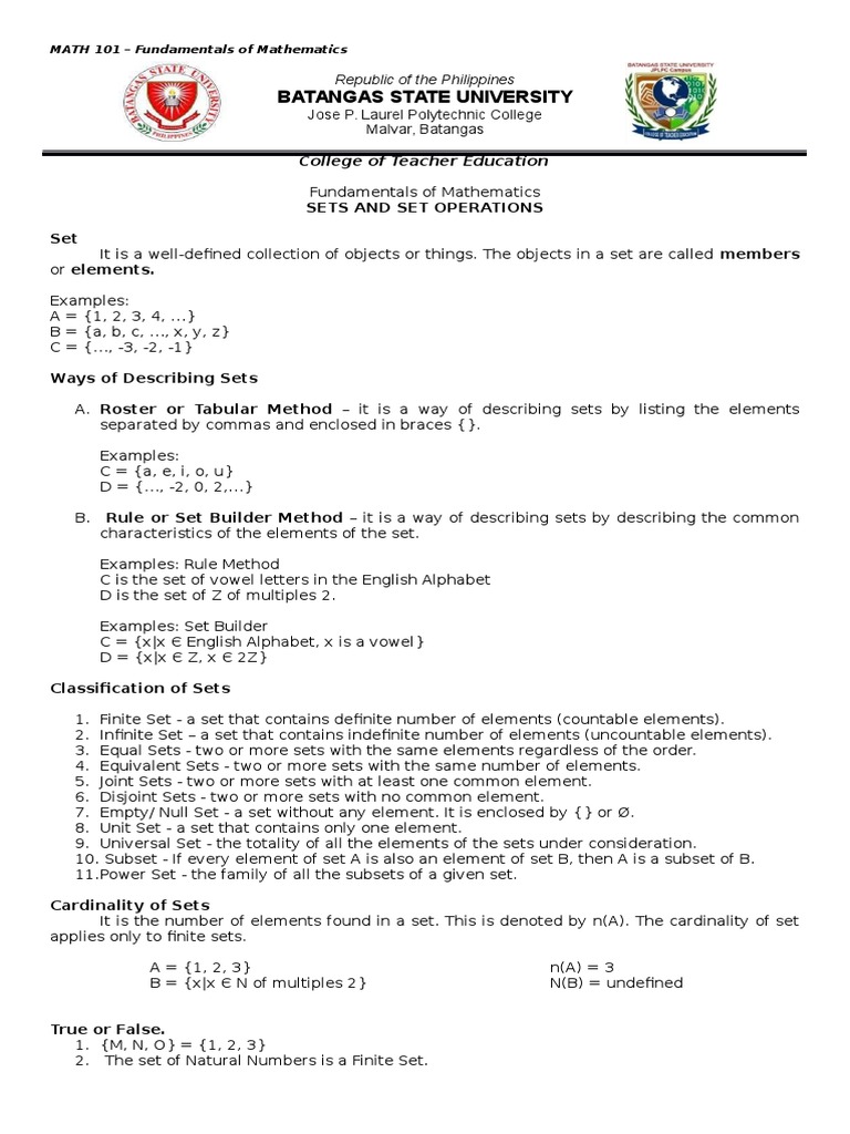 MATH 101 Fundamentals of Mathematics Sets and Operations | PDF | Set ...