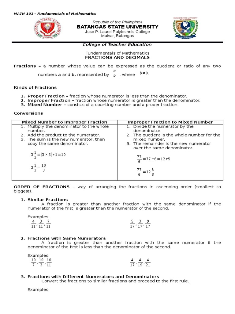 MATH 101 - Fundamentals of Fractions and Decimals | PDF | Fraction ...