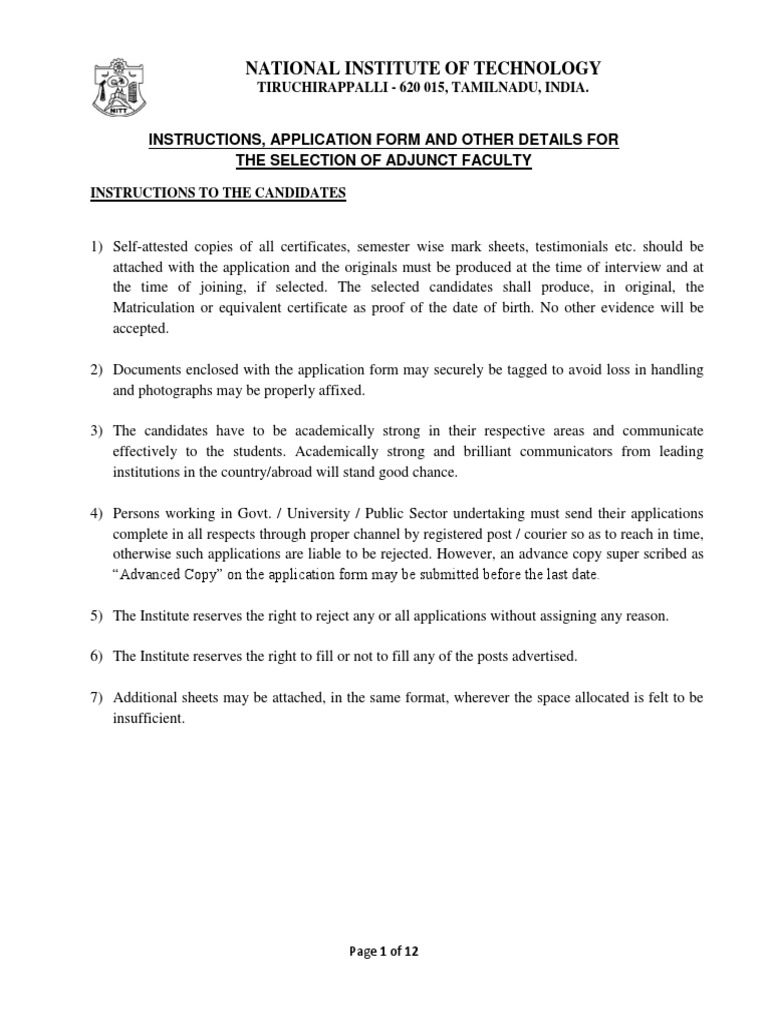 National Institute of Technology: Instructions, Application Form and ...
