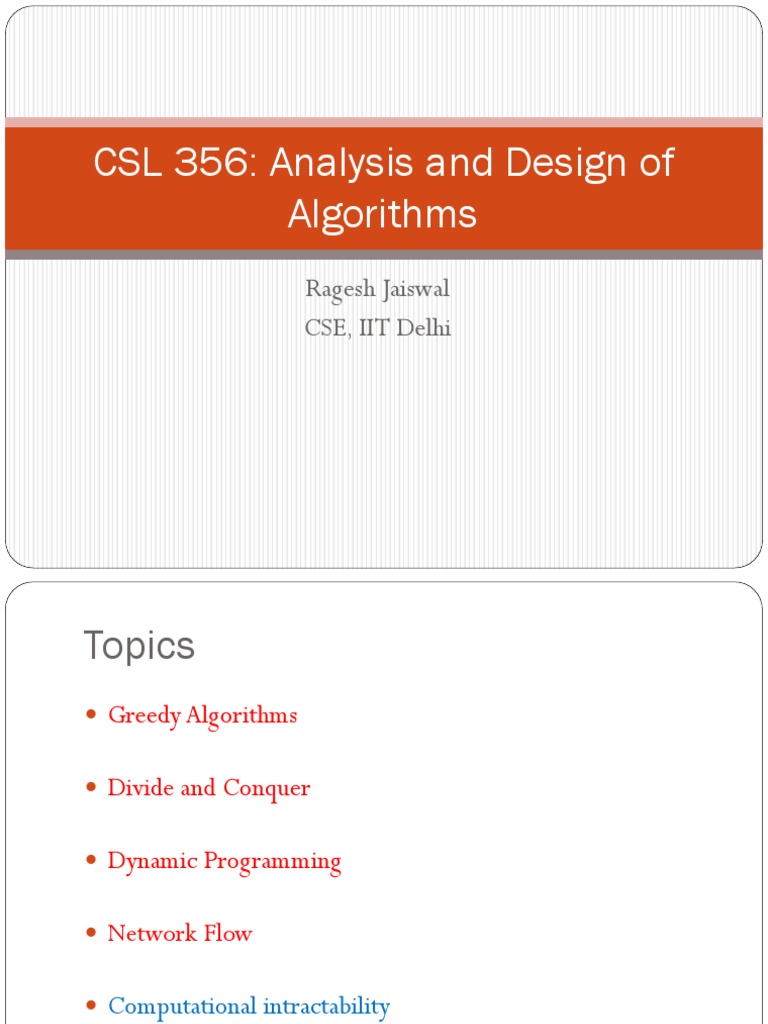 Csl 356 Analysis And Design Of Algorithms Ragesh Jaiswal Cse Iit Delhi Pdf Computational