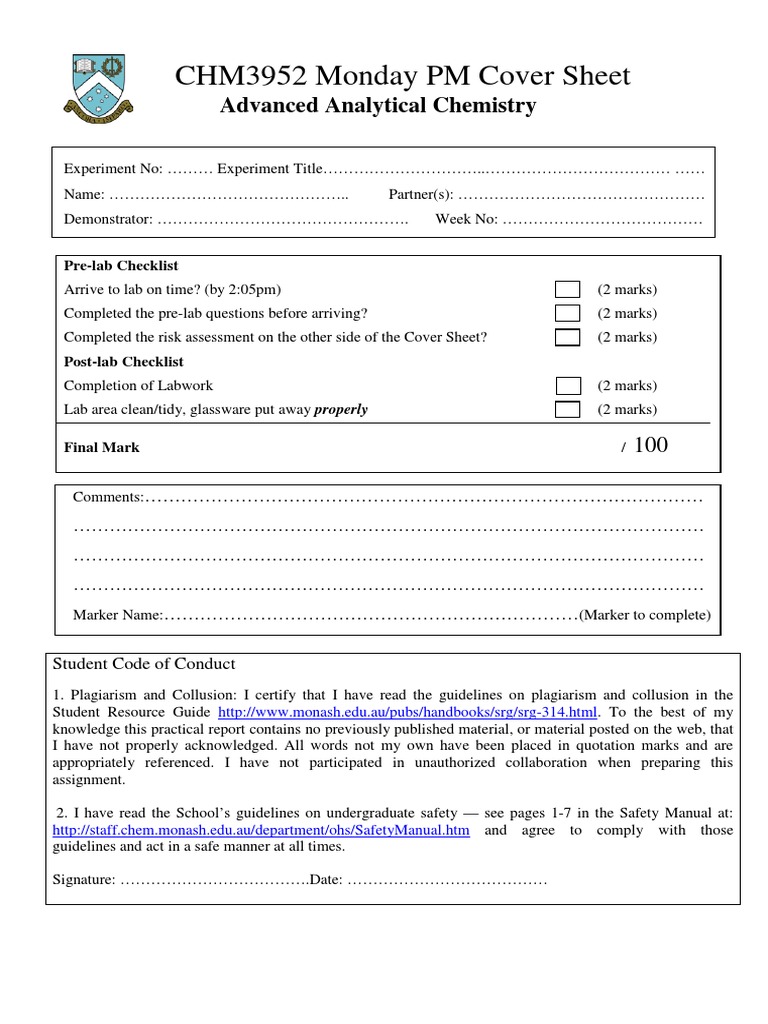 CHM3952 Monday PM Cover Sheet: Advanced Analytical Chemistry | PDF