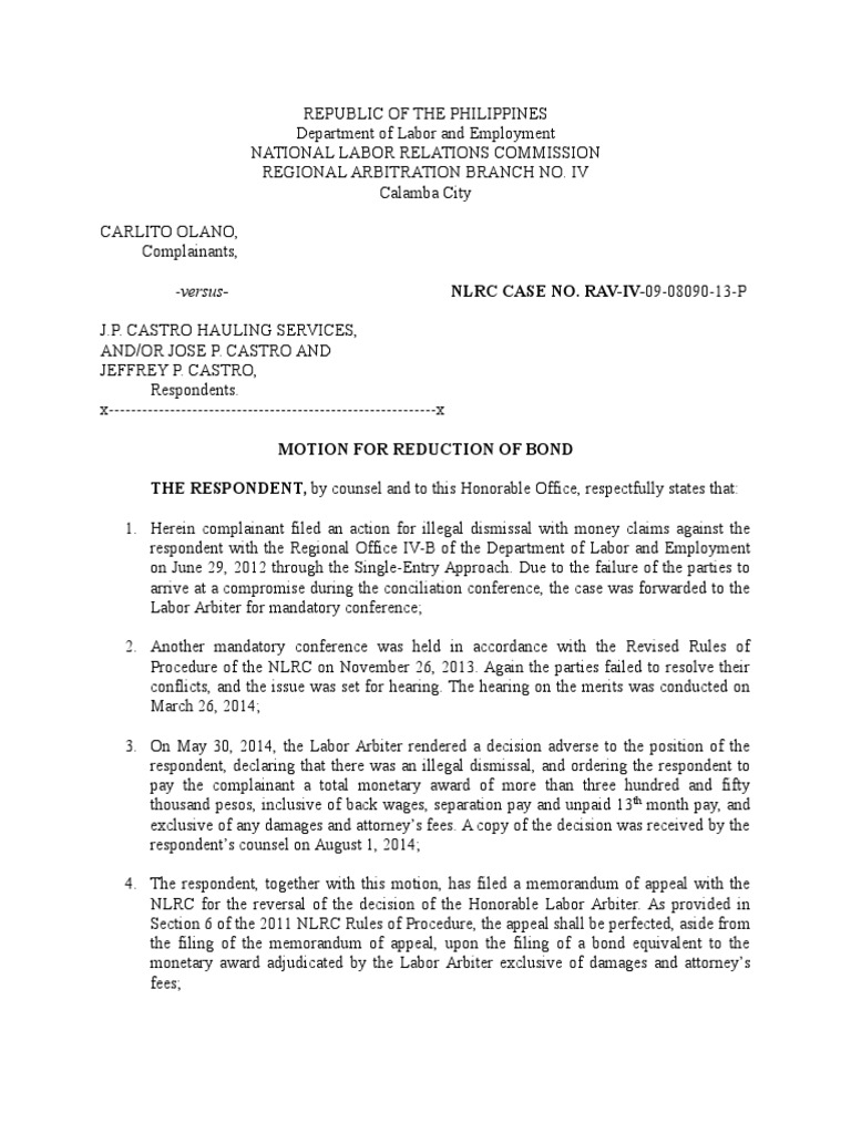 Motion to Reduce Bond | Arbitration | Surety Bond