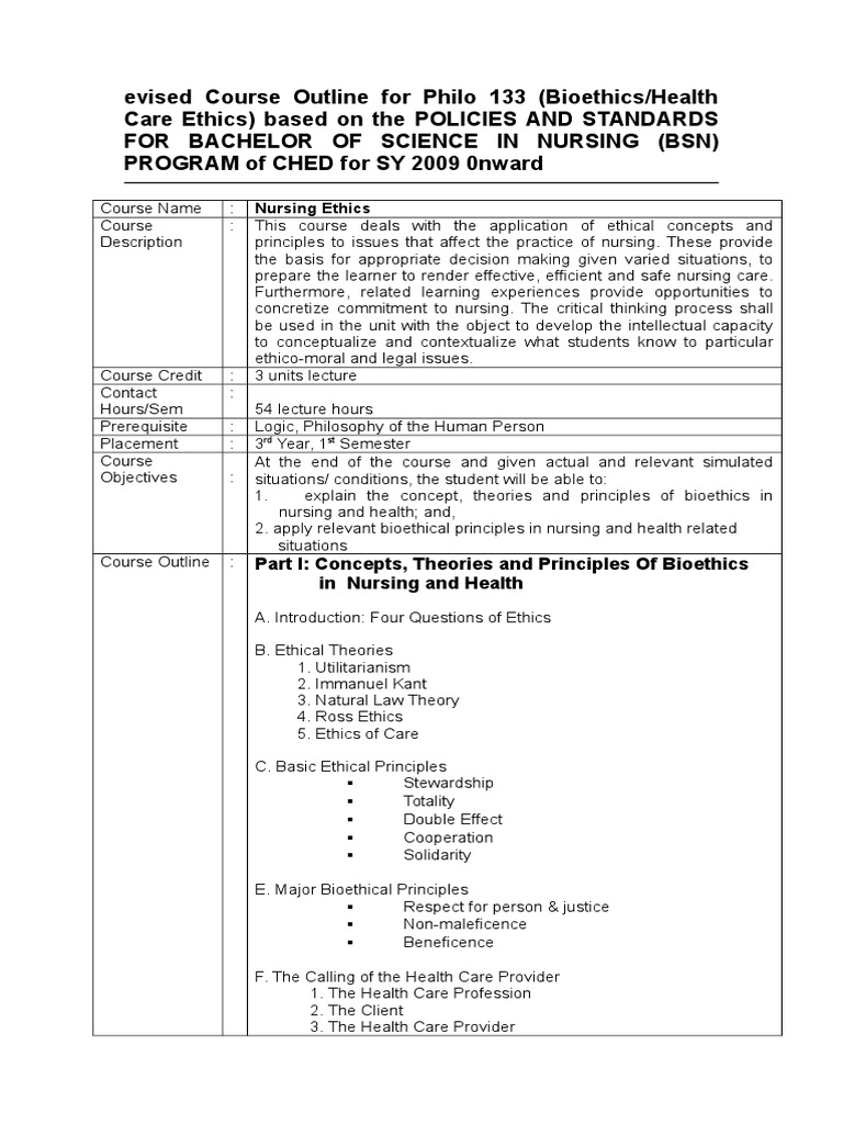 Revised Course Outline For Philo 133 | PDF | Bioethics | Nursing