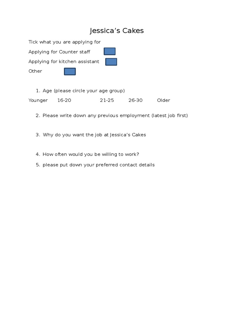 Job Application Form for Jessica's Cakes | PDF | Career & Growth