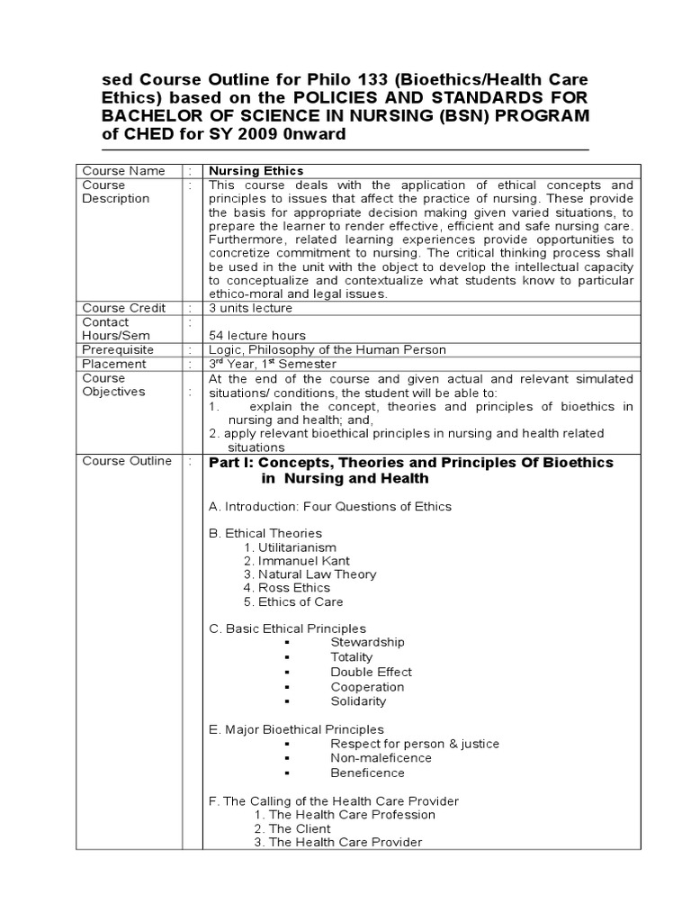 Revised Course Outline For Philo 133 | PDF | Bioethics | Nursing Revised Course Outline For Philo 133 | PDF | Bioethics | Nursing